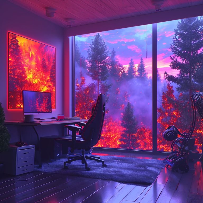 Computer Bedroom Interior with a Forest View – Cyberpunk Vibes