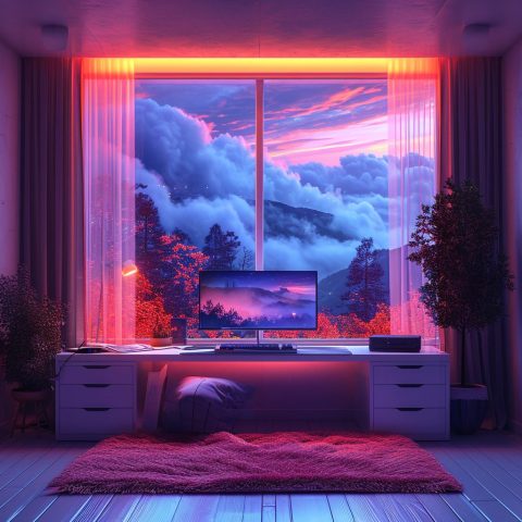 Computer Bedroom Interior with a Forest View – Cyberpunk Vibes
