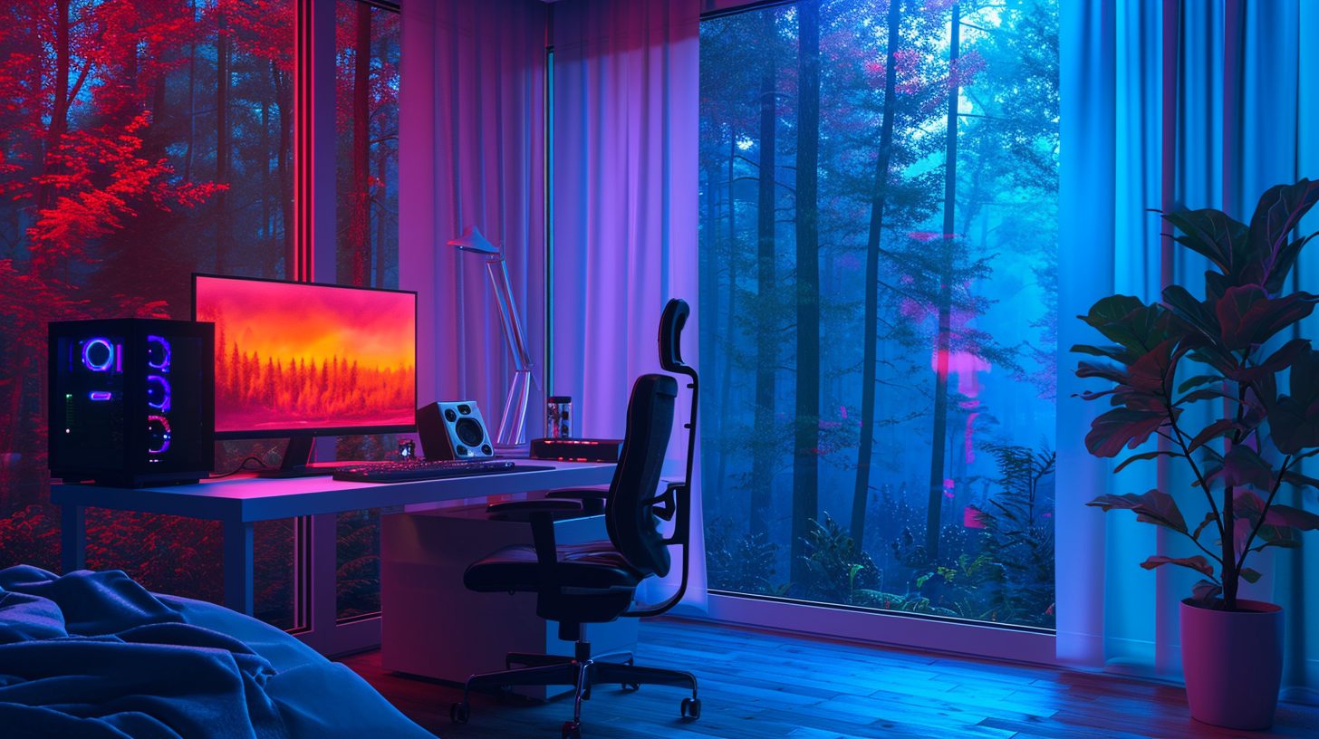 Computer Bedroom Interior with a Forest View – Cyberpunk Vibes