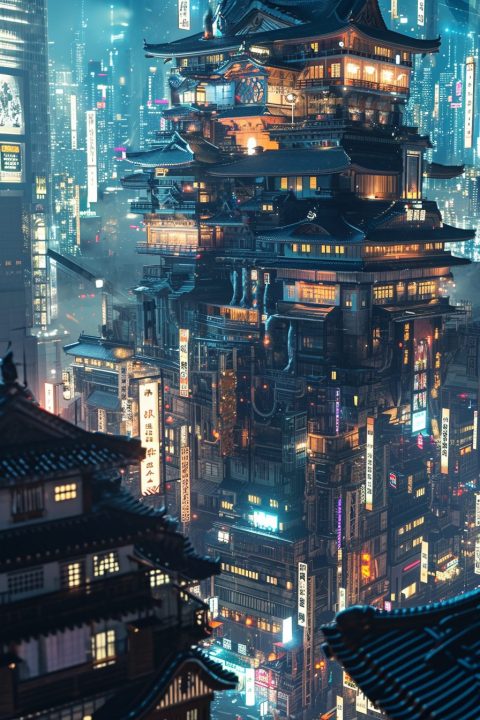 Futuristic Japanese Castles of Cyberpunk City