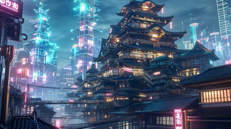 Futuristic Japanese Castles of Cyberpunk City