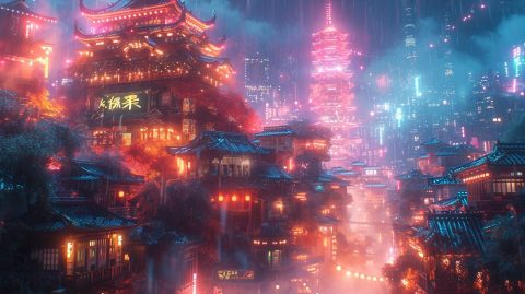 Futuristic Japanese Castles of Cyberpunk City