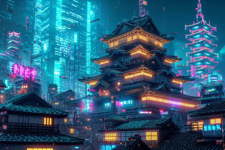 Futuristic Japanese Castles of Cyberpunk City
