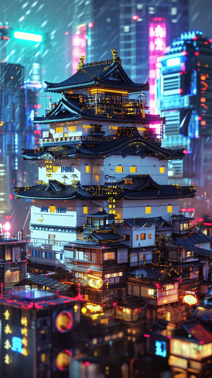 Futuristic Japanese Castles of Cyberpunk City