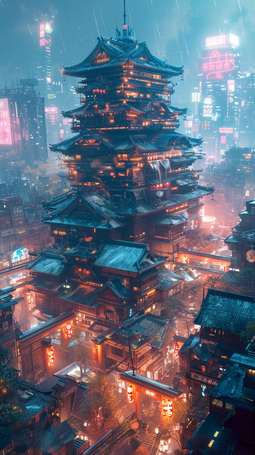 Futuristic Japanese Castles of Cyberpunk City