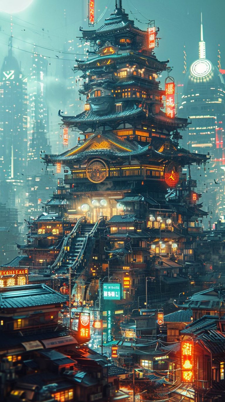 Futuristic Japanese Castles of Cyberpunk City