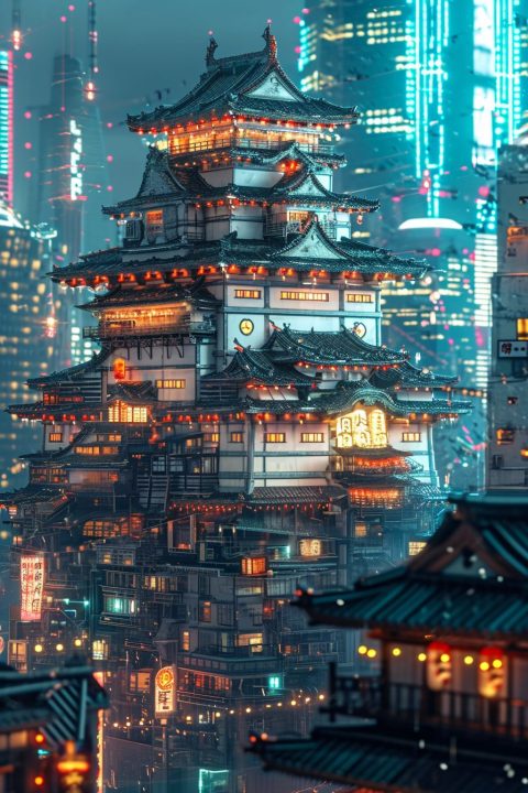 Futuristic Japanese Castles of Cyberpunk City