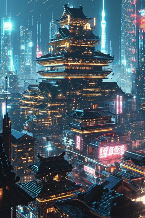 Futuristic Japanese Castles of Cyberpunk City