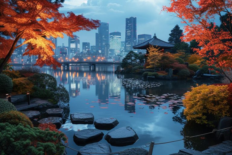 Japanese Zen Gardens with a City Skyline View