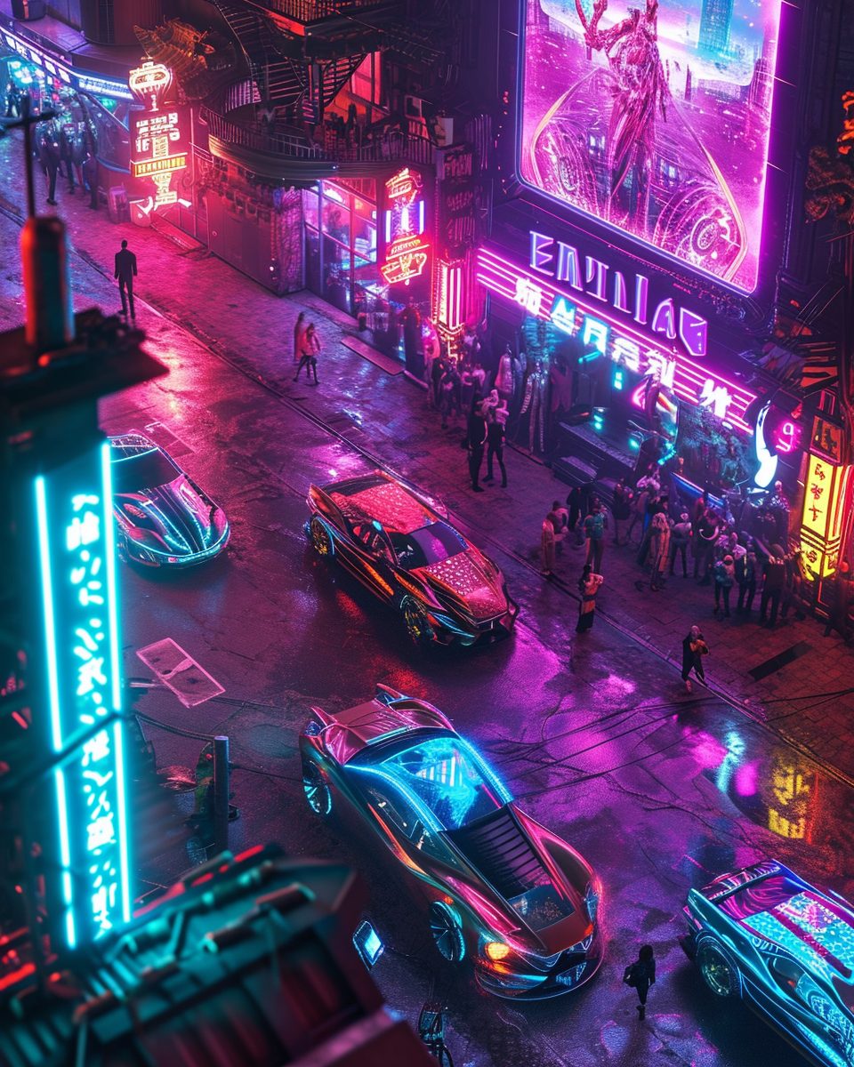 Neon Cars and Colors of Cyberpunk City