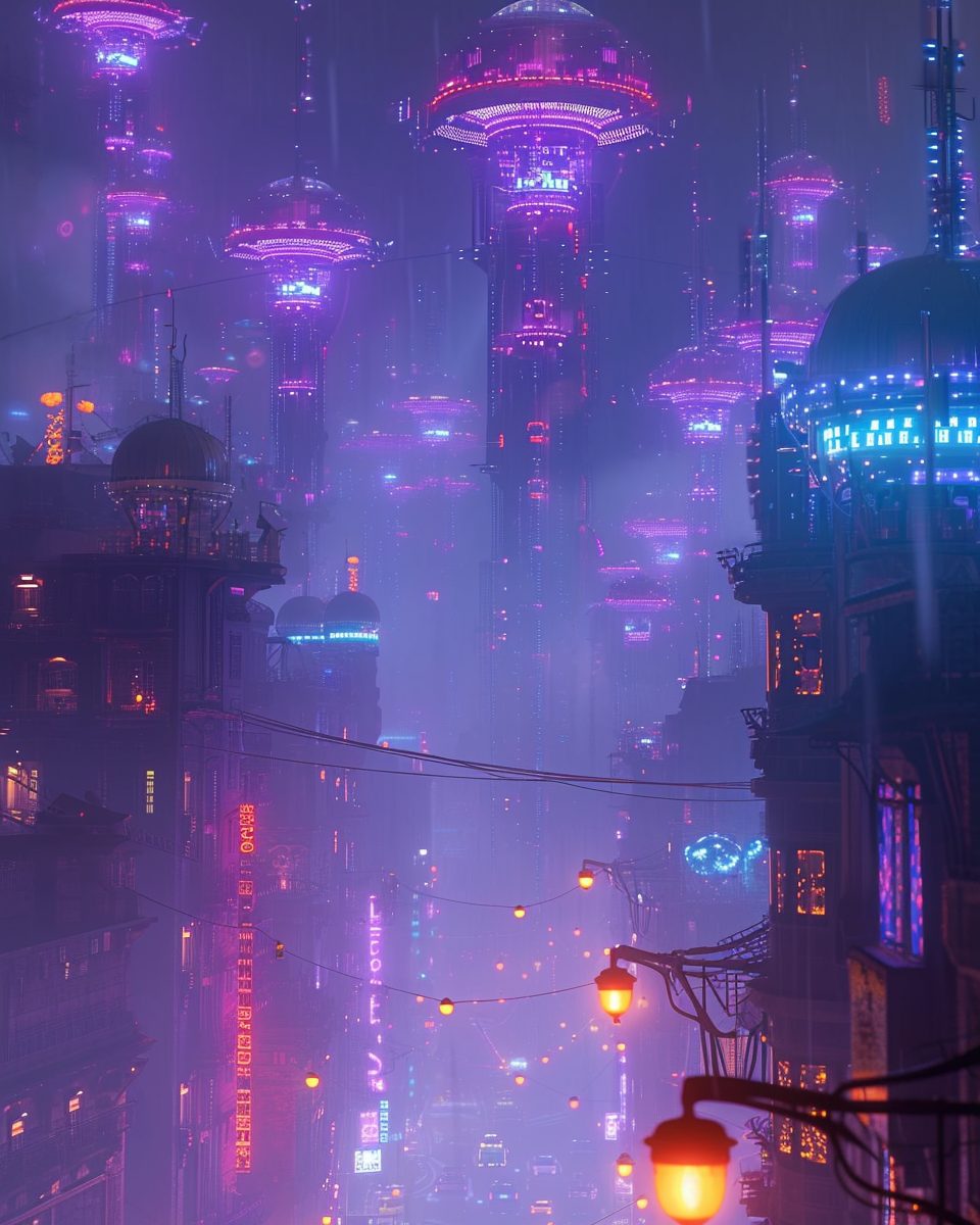 Purple Neon Cyberpunk Style Cityscapes