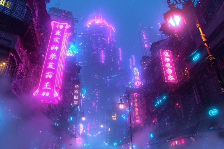 Purple Neon Cyberpunk Style Cityscapes