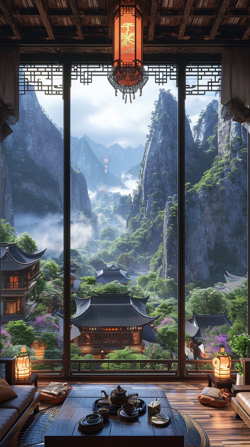 Rustic Chinese-Style House Interior with a View of a Mountain Village