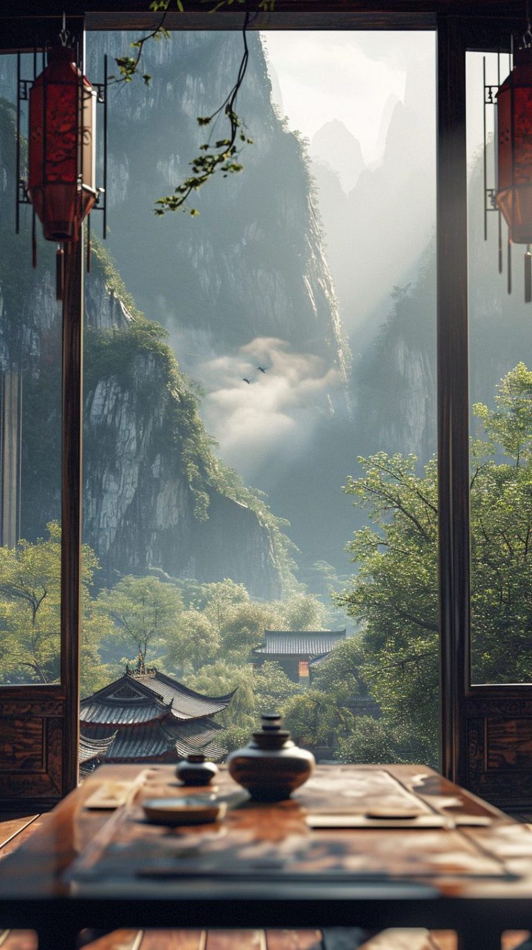 Rustic Chinese-Style House Interior with a View of a Mountain Village