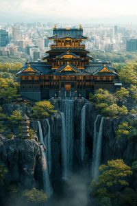 Traditional Japanese Castles on Top of Waterfalls