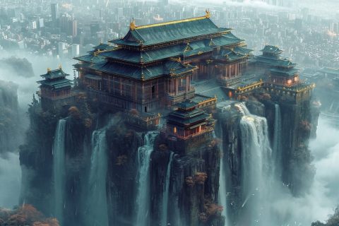 Traditional Japanese Castles on Top of Waterfalls