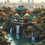 Traditional Japanese Castles on Top of Waterfalls