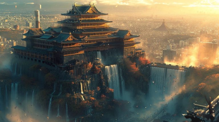 Traditional Japanese Castles on Top of Waterfalls