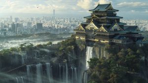 Traditional Japanese Castles on Top of Waterfalls