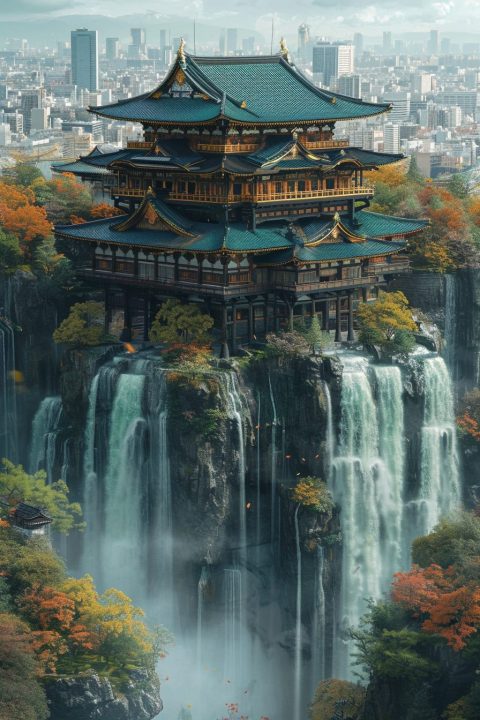 Traditional Japanese Castles on Top of Waterfalls