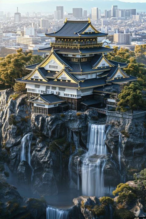 Traditional Japanese Castles on Top of Waterfalls