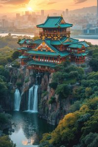 Traditional Japanese Castles on Top of Waterfalls