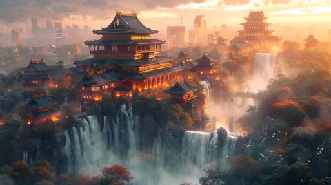Traditional Japanese Castles on Top of Waterfalls