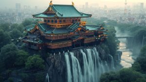 Traditional Japanese Castles on Top of Waterfalls