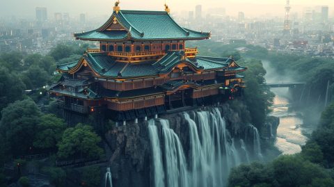 Traditional Japanese Castles on Top of Waterfalls