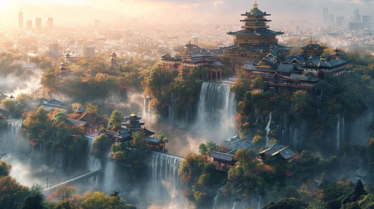 Traditional Japanese Castles on Top of Waterfalls