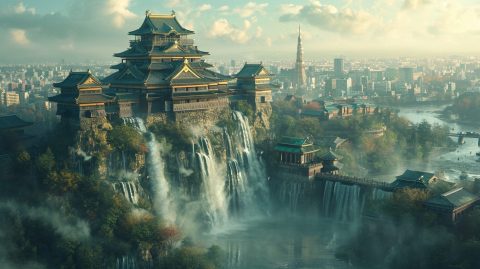 Traditional Japanese Castles on Top of Waterfalls