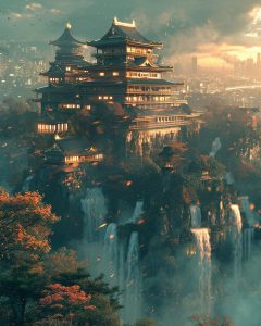Traditional Japanese Castles on Top of Waterfalls