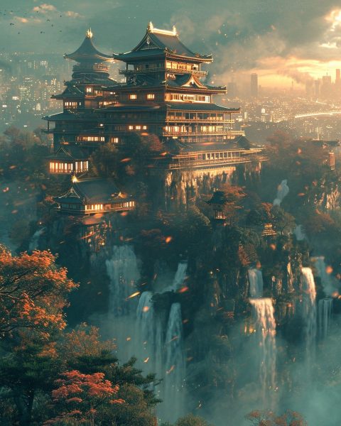 Traditional Japanese Castles on Top of Waterfalls