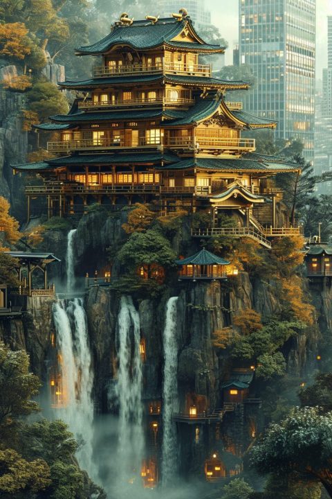 Traditional Japanese Castles on Top of Waterfalls