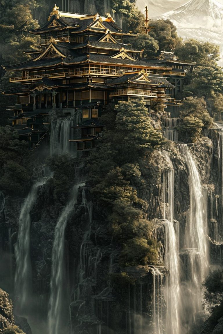 Traditional Japanese Castles on Top of Waterfalls