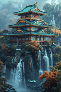 Traditional Japanese Castles on Top of Waterfalls