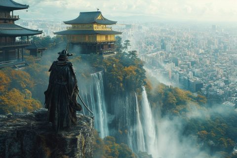 Traditional Japanese Castles on Top of Waterfalls