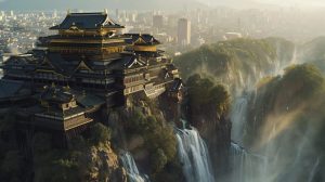 Traditional Japanese Castles on Top of Waterfalls