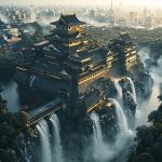 Traditional Japanese Castles on Top of Waterfalls