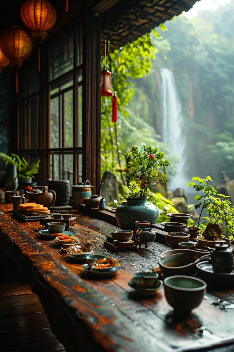 Traditional Japanese-Style Tea Rooms with a View of the Waterfalls