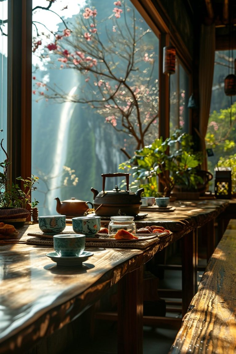 Traditional Japanese-Style Tea Rooms with a View of the Waterfalls