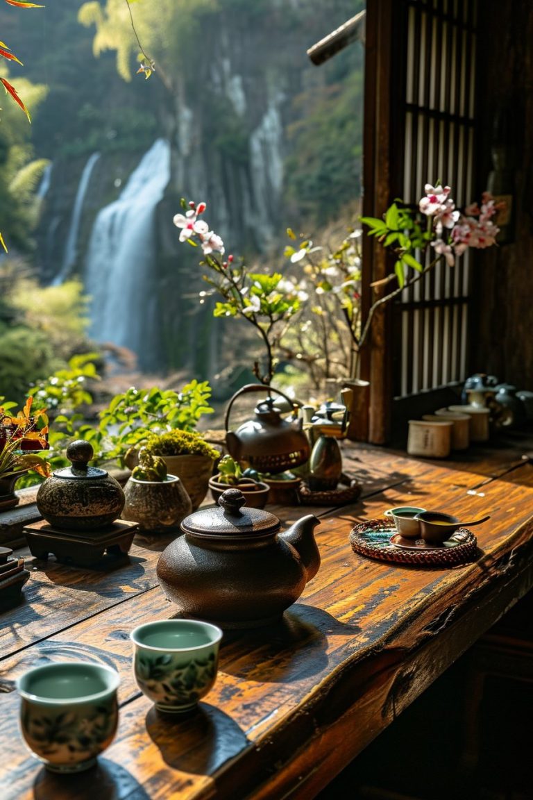 Traditional Japanese-Style Tea Rooms with a View of the Waterfalls