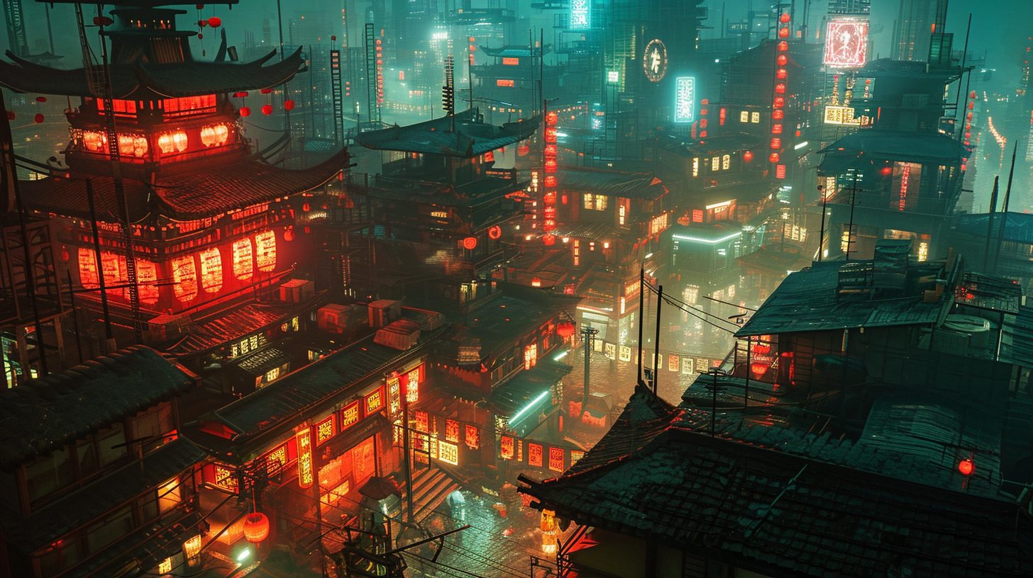 Traditional Oriental Temples Within Cyberpunk City