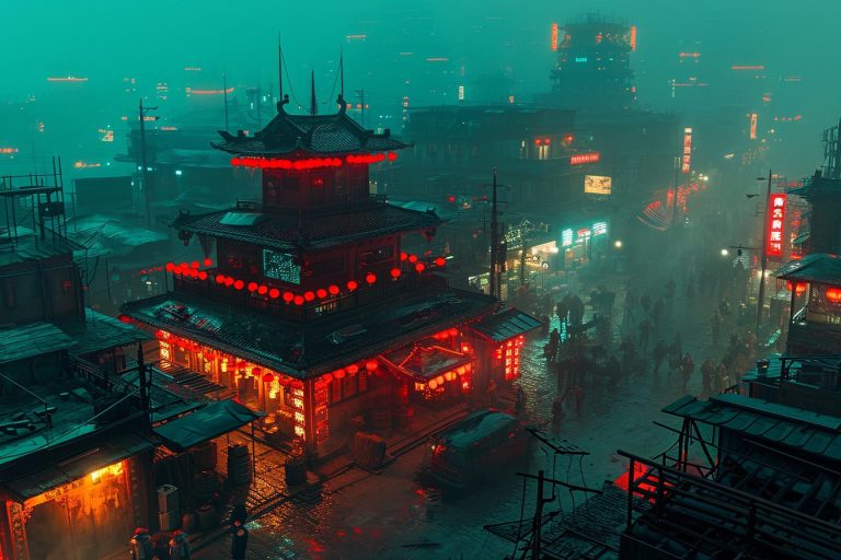 Traditional Oriental Temples Within Cyberpunk City