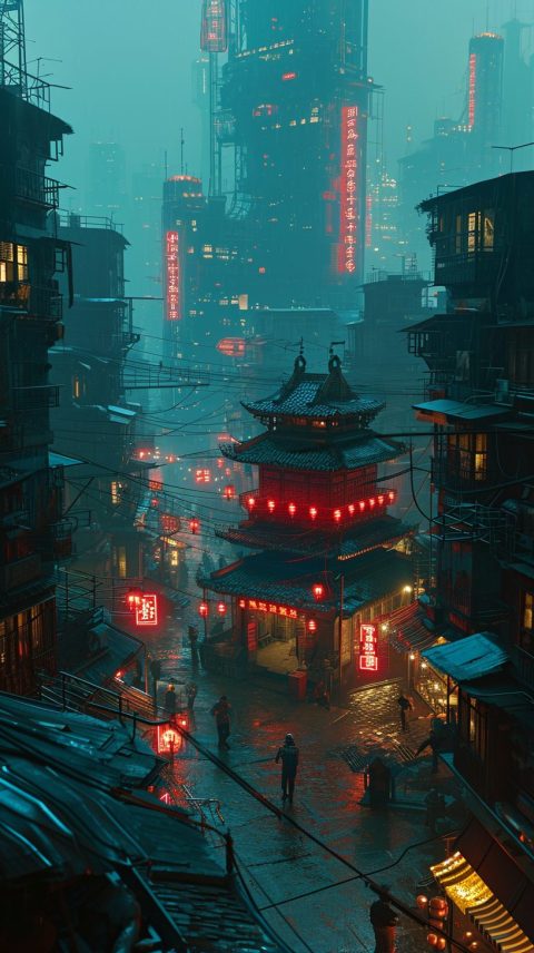 Traditional Oriental Temples Within Cyberpunk City