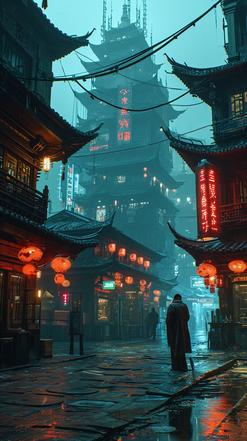 Traditional Oriental Temples Within Cyberpunk City