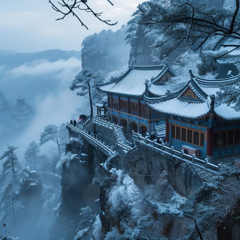 Ancient Chinese Architecture Buildings on Snow-Covered Mountains