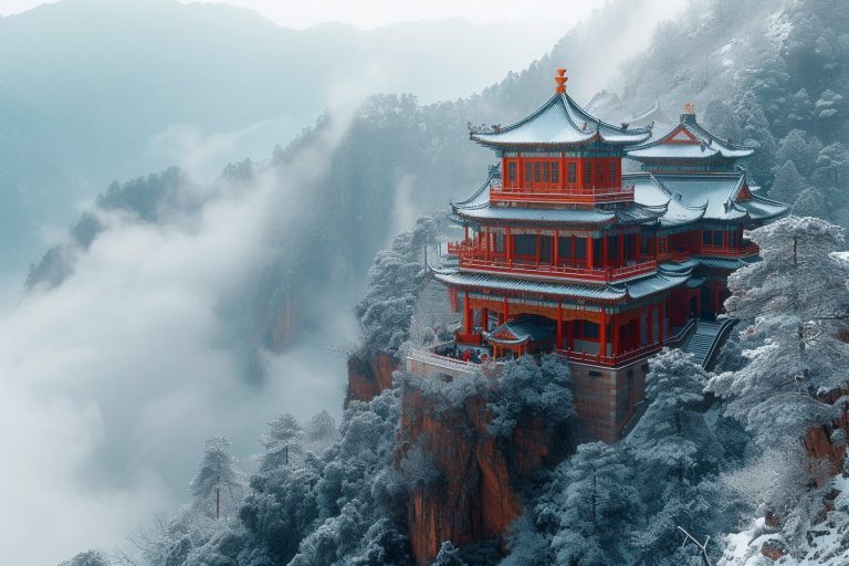 Ancient Chinese Architecture Buildings on Snow-Covered Mountains