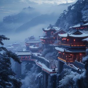 Ancient Chinese Architecture Buildings on Snow-Covered Mountains