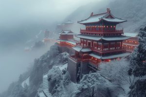 Ancient Chinese Architecture Buildings on Snow-Covered Mountains